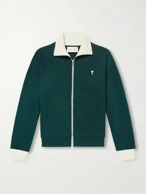 AMI Paris Logo-embroidered Cotton-jersey Zip-up Sweatshirt - Green
