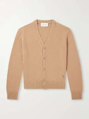 AMI Paris Logo-embroidered Cashmere And Wool-blend Cardigan - Tan