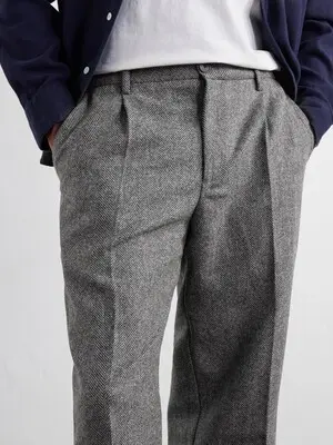 Portuguese Flannel Straight-leg Pleated Wool Herringbone Trousers