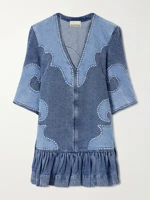 ALEMAIS Jesse Ruffled Embroidered Denim Mini Dress - Blue