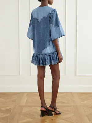 ALEMAIS Jesse Ruffled Embroidered Denim Mini Dress