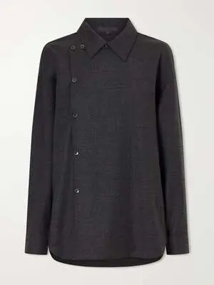 Tibi Overlap-detail Wool-blend Flannel Shirt - Charcoal