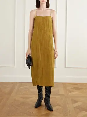 Tibi Crinkled Satin Midi Dress - Yellow