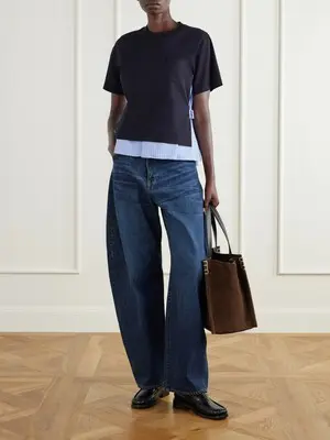 Sacai Striped Poplin-trimmed Cotton-jersey T-shirt - Blue
