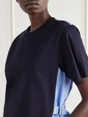 Sacai Striped Poplin-trimmed Cotton-jersey T-shirt - Blue