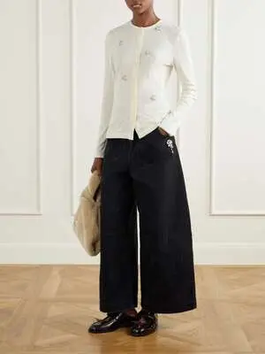 Simone Rocha Embellished Floral-print Mid-rise Wide-leg Jeans