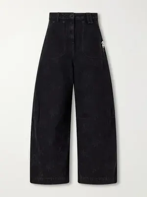 Simone Rocha Embellished Floral-print Mid-rise Wide-leg Jeans - Black