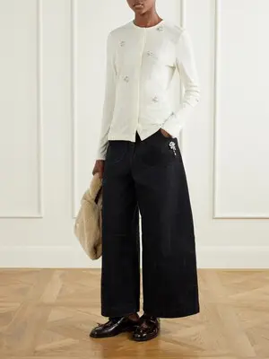 Simone Rocha Embellished Floral-print Mid-rise Wide-leg Jeans