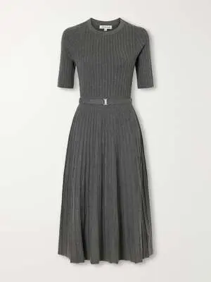 Veronica Beard Elthea Belted Pleated Ribbed-knit Midi Dress