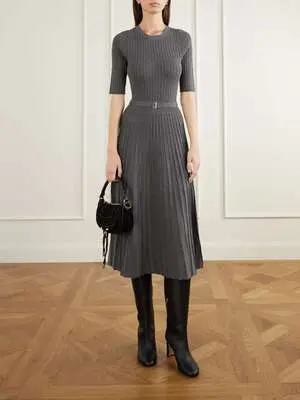 Veronica Beard Elthea Belted Pleated Ribbed-knit Midi Dress