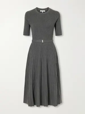 Veronica Beard Elthea Belted Pleated Ribbed-knit Midi Dress - Gray