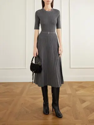 Veronica Beard Elthea Belted Pleated Ribbed-knit Midi Dress - Gray