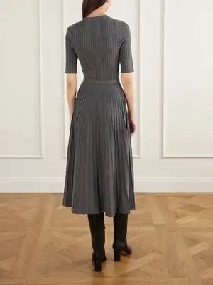 Veronica Beard Elthea Belted Pleated Ribbed-knit Midi Dress - Gray