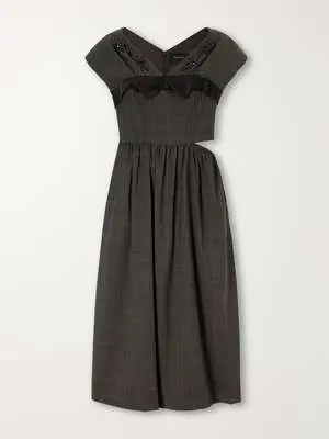 Simone Rocha Embellished Gathered Prince Of Wales Wool-blend Midi Dress - Multi