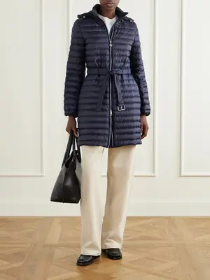Burberry Hooded Belted Quilted Shell Coat - Blue