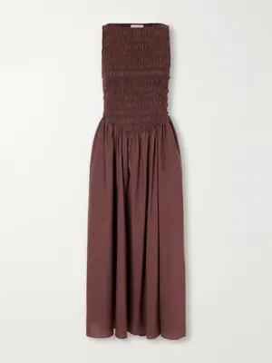 Faithfull The Brand Lucia Shirred Gathered Cotton-poplin Midi Dress - Brown