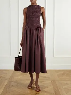 Faithfull The Brand Lucia Shirred Gathered Cotton-poplin Midi Dress - Brown