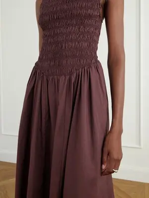 Faithfull The Brand Lucia Shirred Gathered Cotton-poplin Midi Dress - Brown