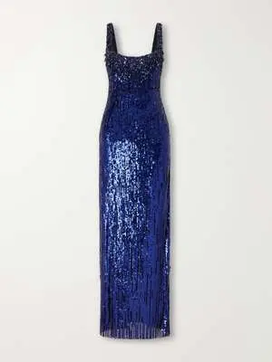 Jenny Packham Rosalie Crystal-embellished Sequined Tulle Gown - Navy