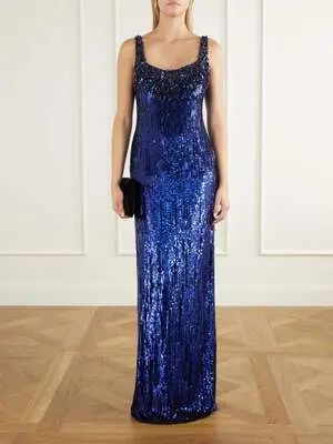 Jenny Packham Rosalie Crystal-embellished Sequined Tulle Gown - Navy