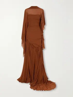 MARMAR HALIM Scarf-detailed Georgette Gown Metallic