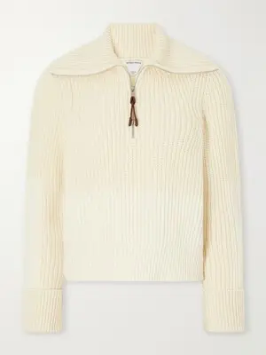Bottega Veneta Leather-trimmed Ribbed Wool Turtleneck Sweatshirt - Neutrals