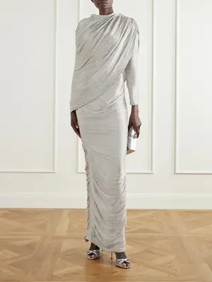MARMAR HALIM Cape-effect Plissé Crepe De Chine Gown