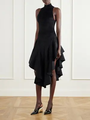 Alaïa Asymmetric Ruffled Velvet Turtleneck Midi Dress - Black