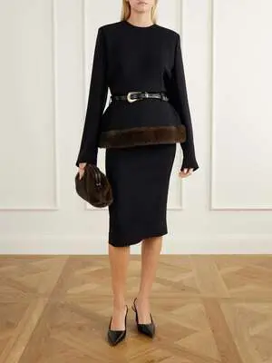 Stella McCartney Plush-trimmed Belted Crepe Midi Dress