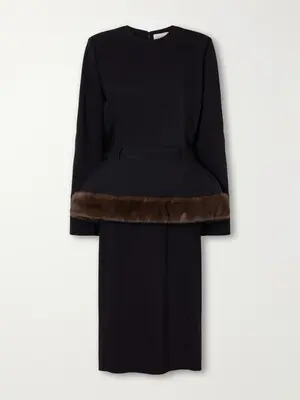 Stella McCartney Plush-trimmed Belted Crepe Midi Dress - Black