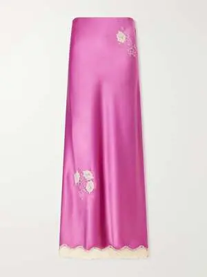 Anna Sui Lace-trimmed Embroidered Satin Midi Skirt - Violet