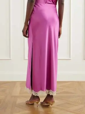 Anna Sui Lace-trimmed Embroidered Satin Midi Skirt - Violet