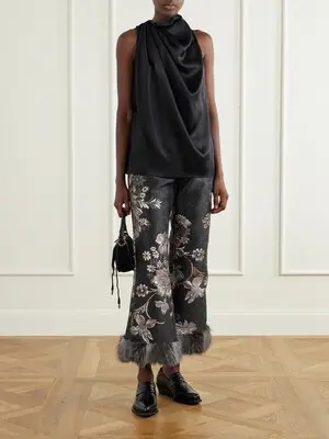 Anna Sui Plush-trimmed Arcadia Brocade Flared Pants
