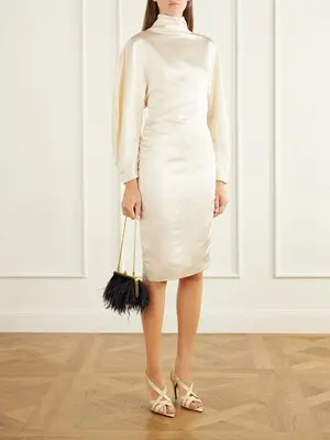 Khaite Harlin Draped Satin Turtleneck Midi Dress - Neutrals