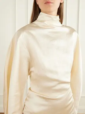 Khaite Harlin Draped Satin Turtleneck Midi Dress - Neutrals
