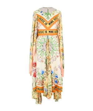 Gucci Floralslogan Print Asymmetric Midi Dress