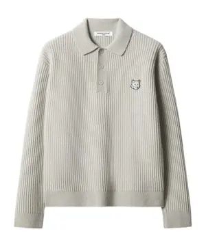 Maison Kitsuné Long-sleeved Knit Polo Shirt - Light Gray