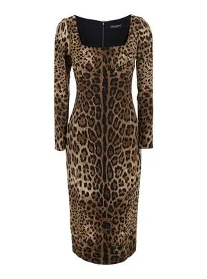 Dolce & Gabbana Brown Midi Dress With Square Neckline And All-over Leopard Motif In Stretch Viscose For - Multicolor