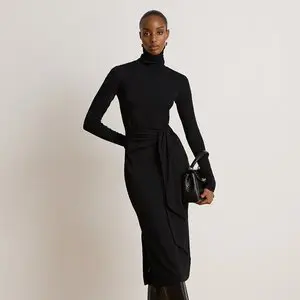 Ralph Lauren Tie-front Cotton-blend Turtleneck Dress - Black