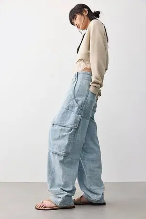 Free People We The Free Brentwood Textured Cargo Jeans - Frosted Blue