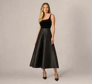 Adrianna Papell Square Neck Velvet Mikado Ankle Length Combo Dress - Black
