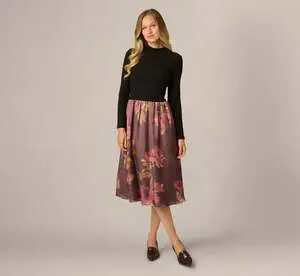 Adrianna Papell Long Sleeve Floral Satin Amelia Midi Dress - Mocha Multi