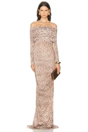 Lapointe Printed Jersey Off The Shoulder Gown In Brown - Snow Leopard