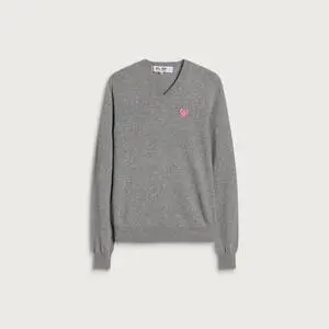 Play Comme Des Garcon Pink Heart V Neck Jumper - Grey