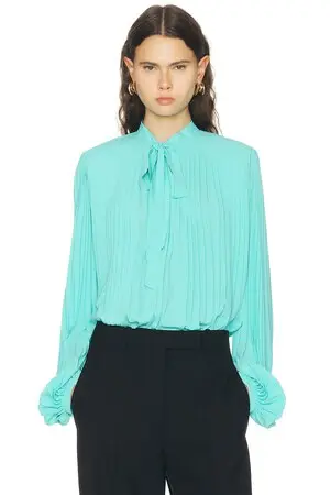 TOM FORD Crepe De Chine Sunray Plisse Lavalliere Shirt In Baby Blue - Aqua
