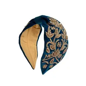 VETKA Blue / Gold Turquoise Velvet Headband Radiant Teal