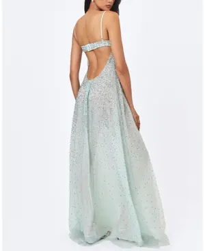 MISS CIRCLE NEW YORK Wallie Rhinestone Embellished Mesh Backless Gown - Mint