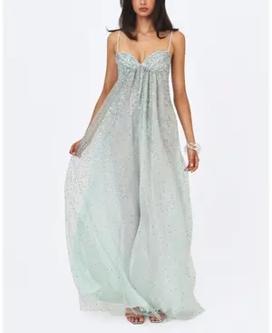 MISS CIRCLE NEW YORK Wallie Rhinestone Embellished Mesh Backless Gown - Mint