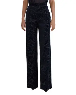 REISS Flocked Velvet Flare Trousers - Navy