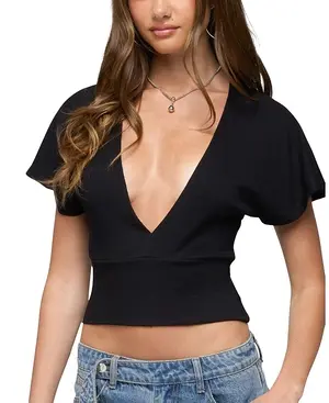 EDIKTED Mundy Deep V Neck Top - Black